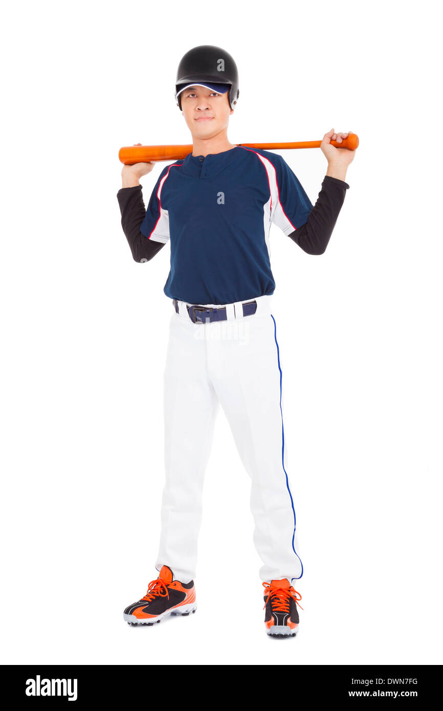 Portrait of a asian Young adult baseball player standing over white ...