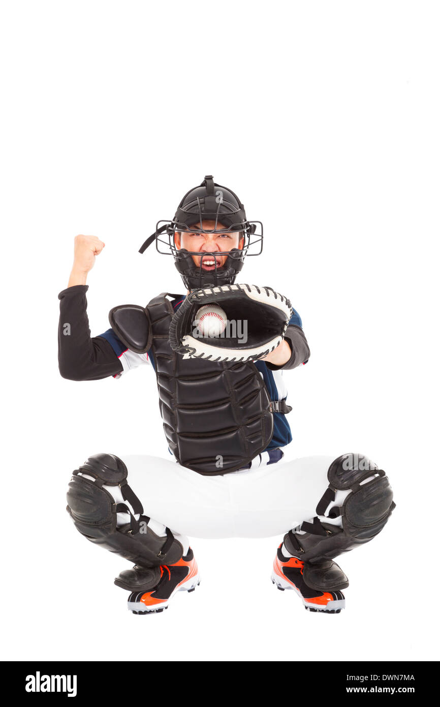 happy Baseball Player, Catcher, showing signal , strike out the player ...