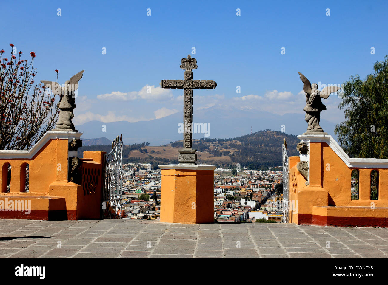 Cross and two angels at the top of the Great Pyramid of Cholula, Puebla ...