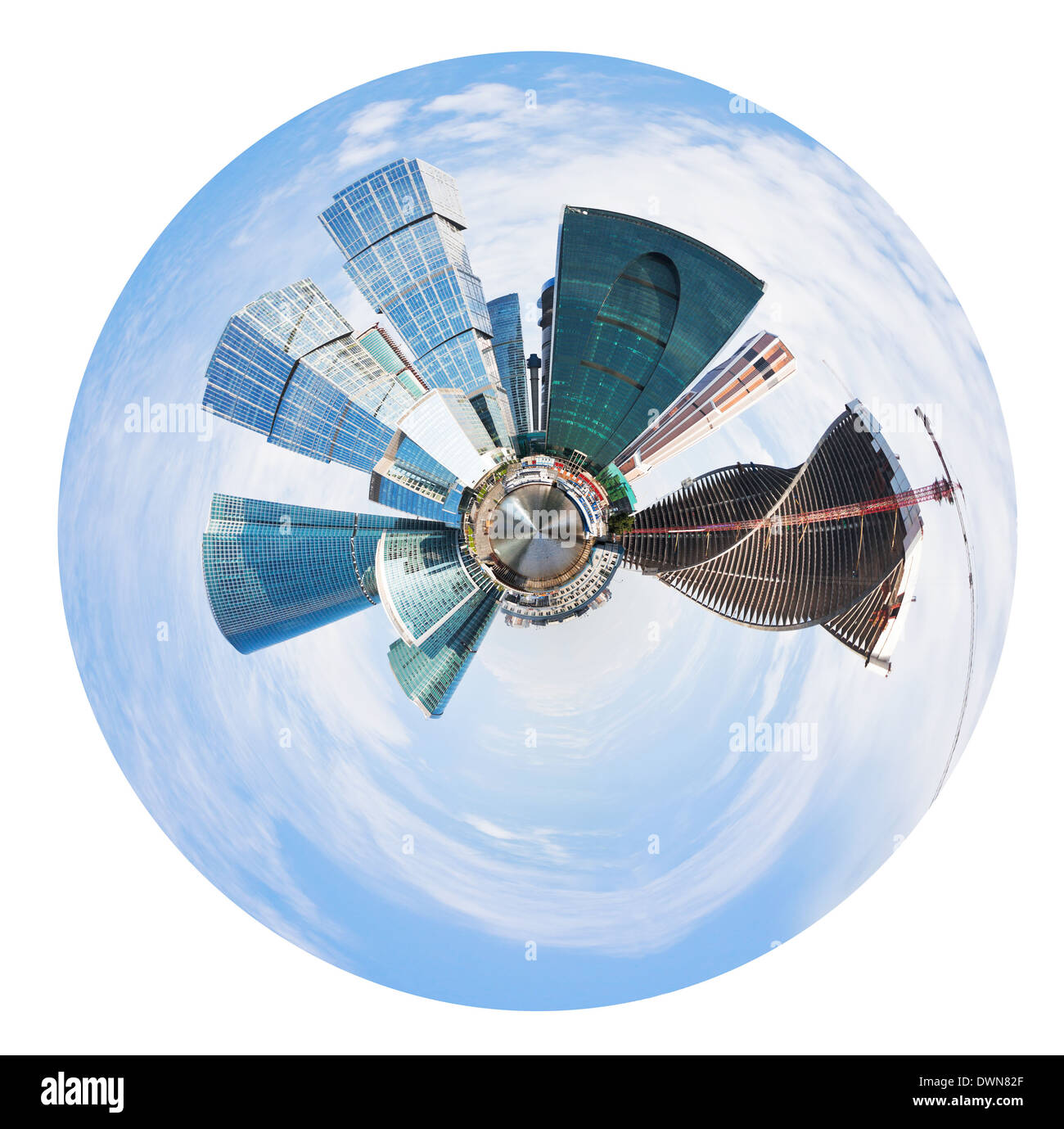 little planet - spherical panoramic view of Moscow city towers isolated ...