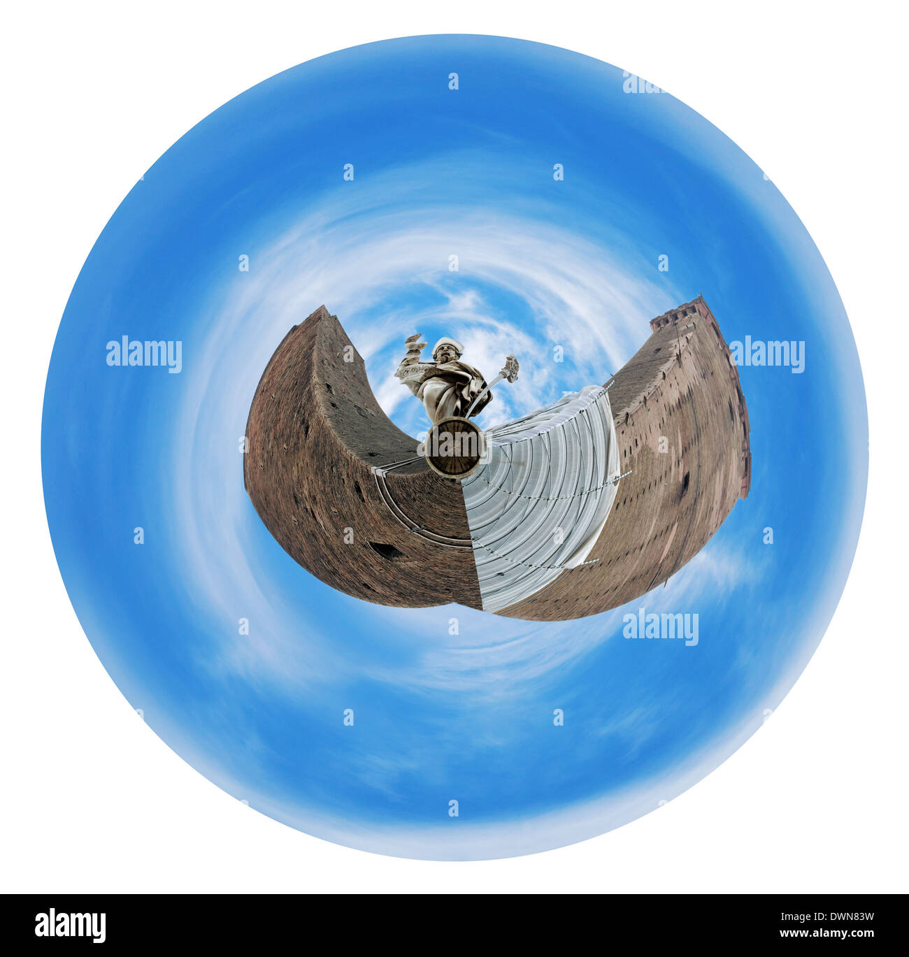 spherical view of two towers and statue of Saint Petronius with blue ...