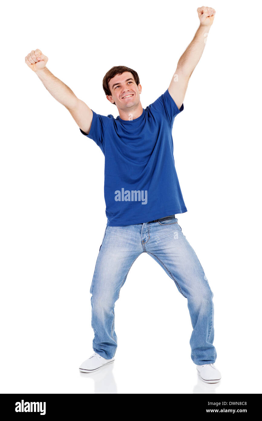 happy man celebrating success on white background Stock Photo - Alamy