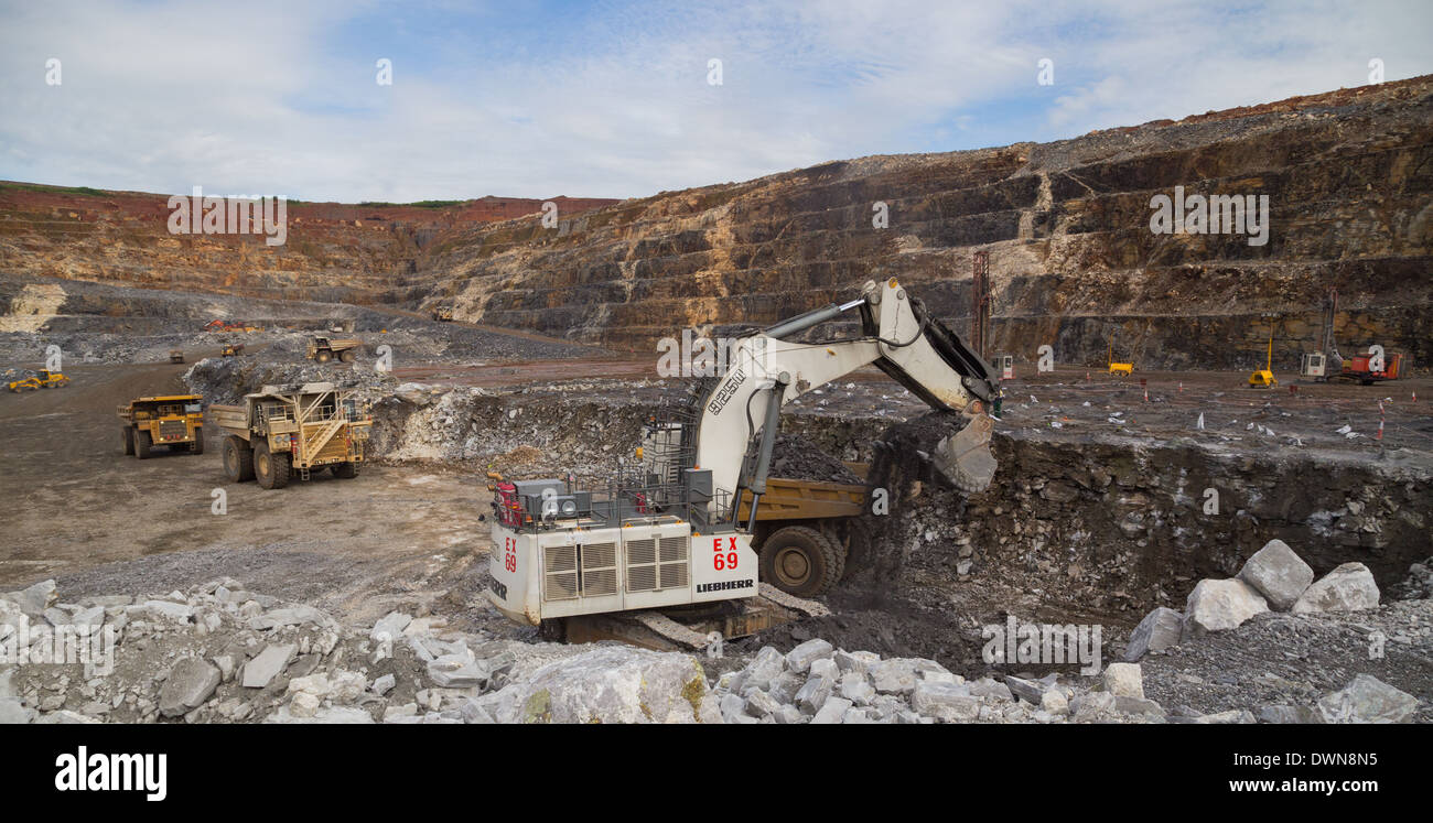 A massive Liebherr excavator loads ore into a Caterpillar dump truck in ...