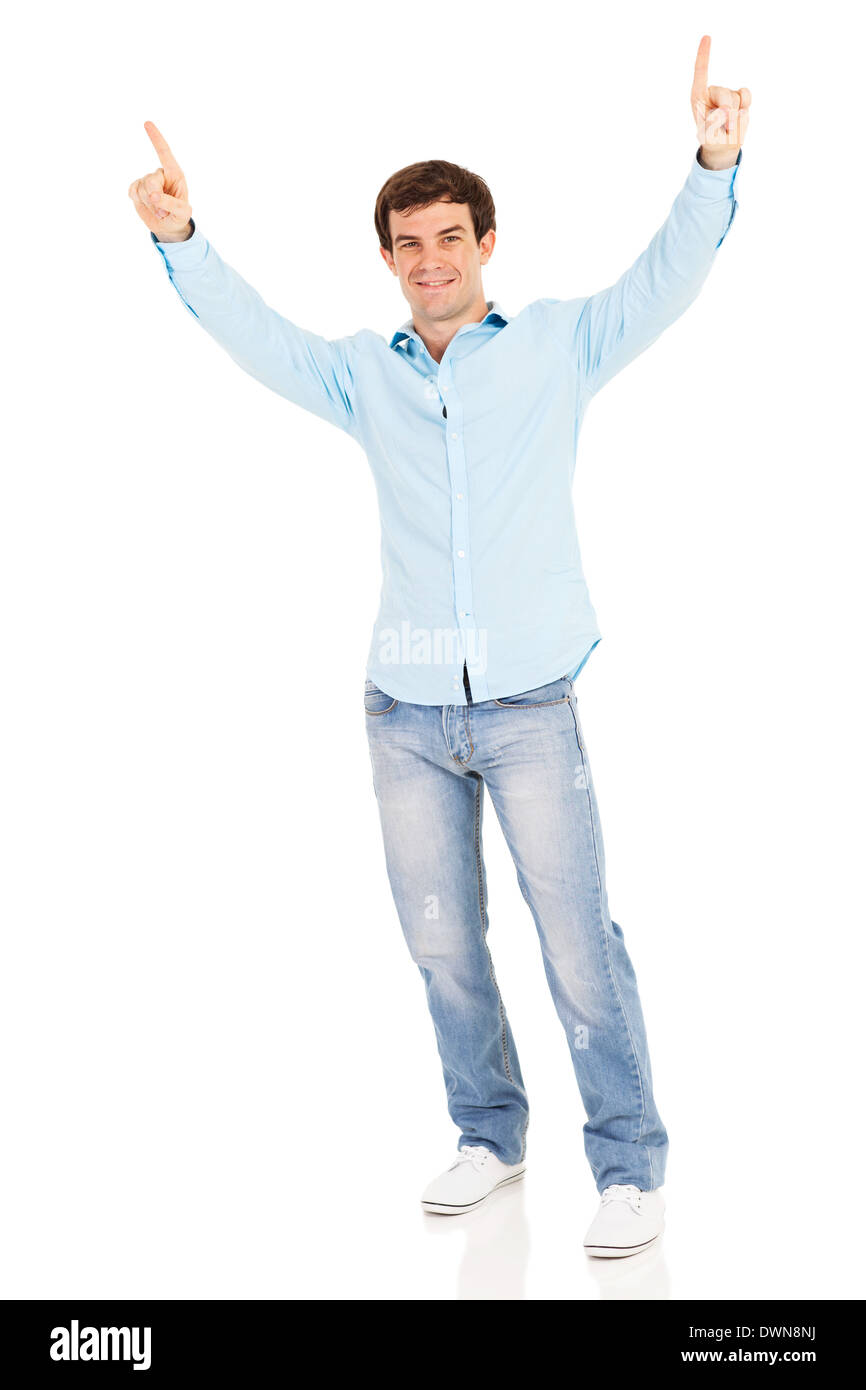 man pointing up with both hands over white background Stock Photo - Alamy