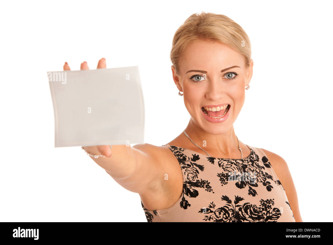Gift card. Excited woman showing empty blank paper card sign with copy ...