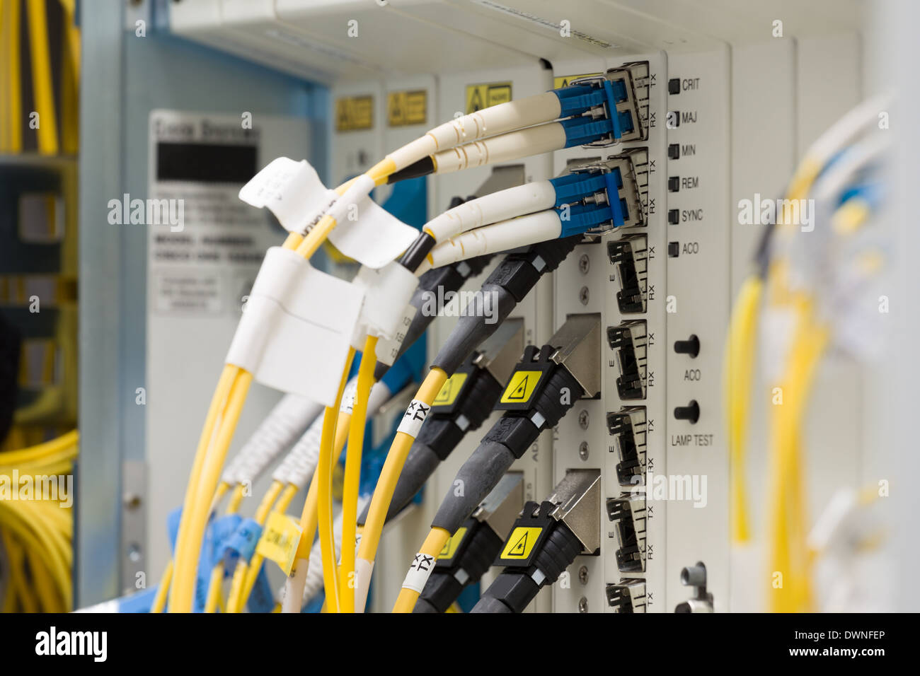 fiber optic data center with media converters and optical cables Stock ...