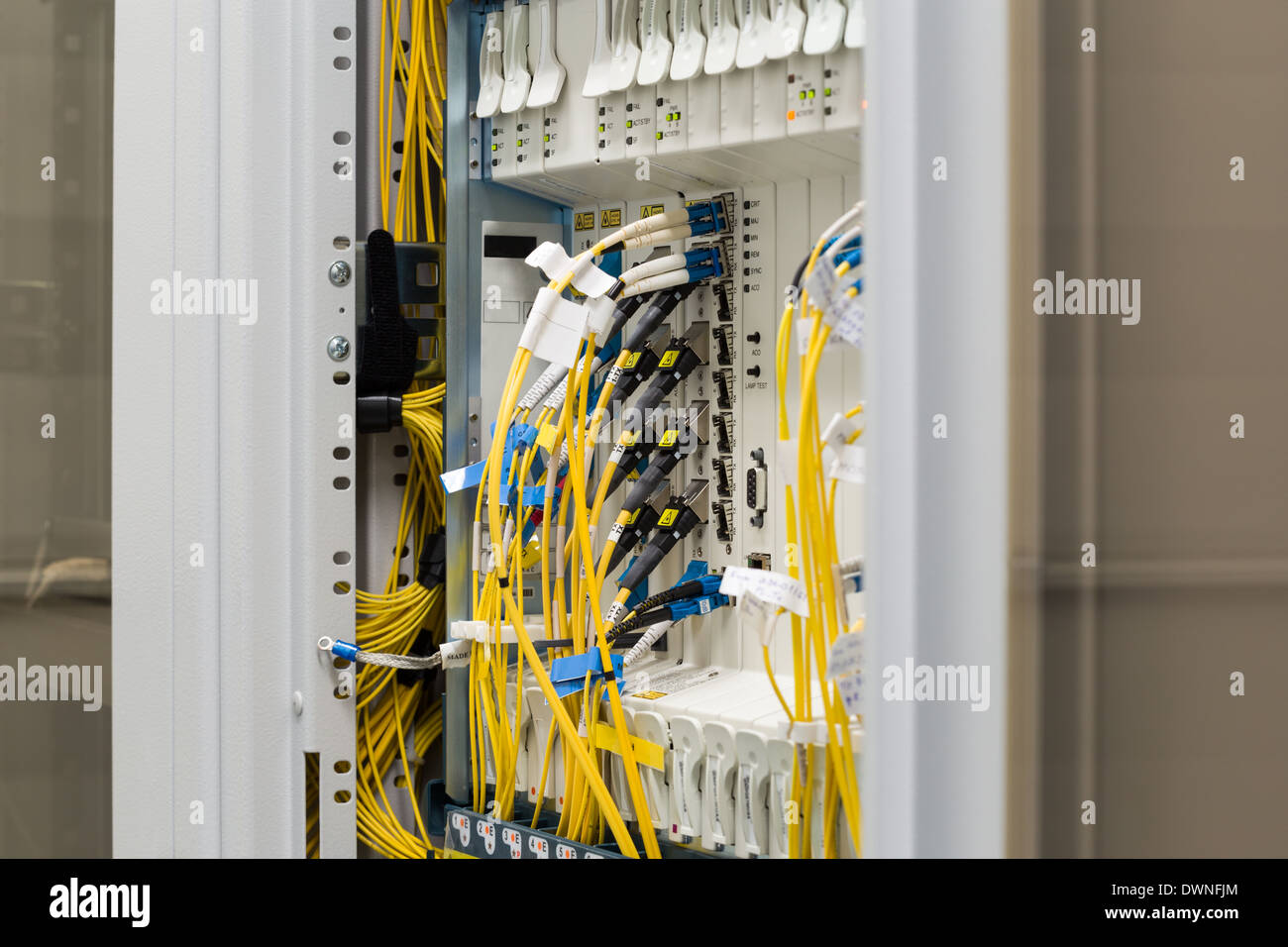 fiber optic data center with media converters and optical cables Stock ...