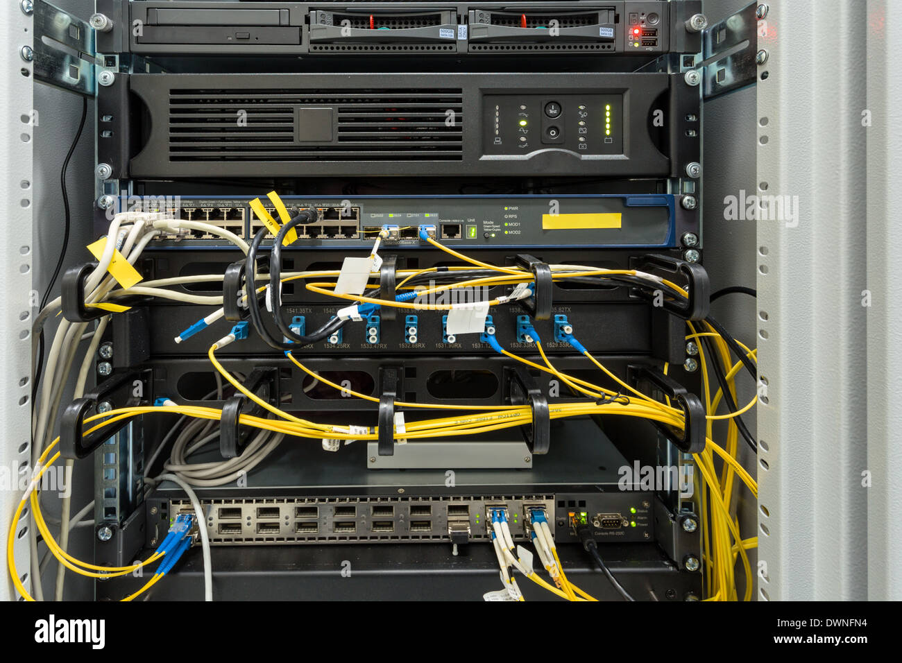 fiber optic data center with media converters and optical cables Stock ...