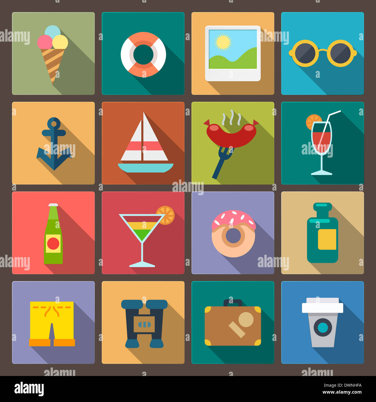 Vector set of sixteen recreation icons in flat design style Stock Photo ...