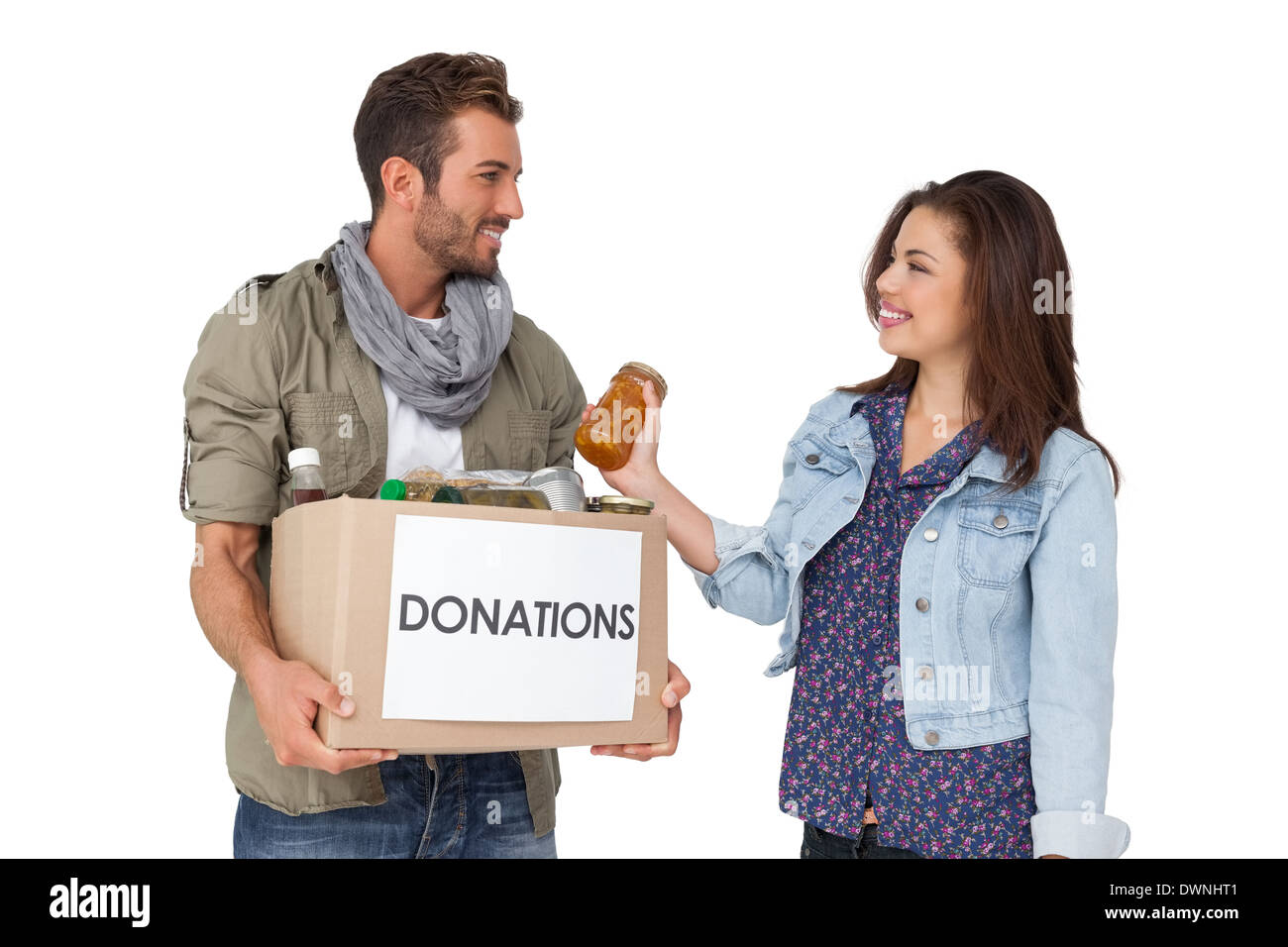 Woman giving donation cardboard box Cut Out Stock Images & Pictures - Alamy