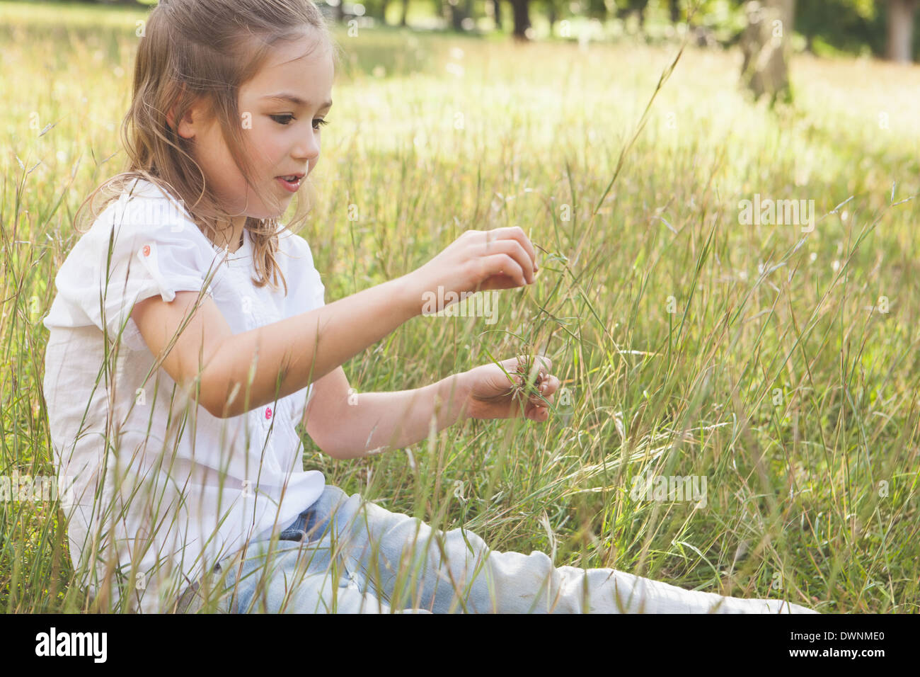 Relaxed young girl sitting in field Stock Photo - Alamy