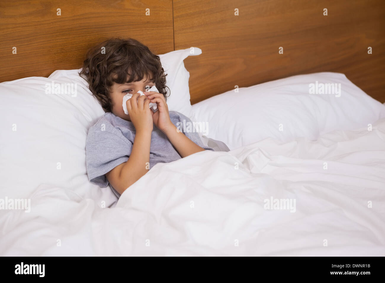 Little boy suffering from cold as he lies in bed Stock Photo - Alamy