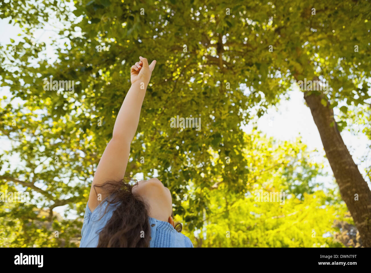 Young girl pointing up at trees in park Stock Photo - Alamy
