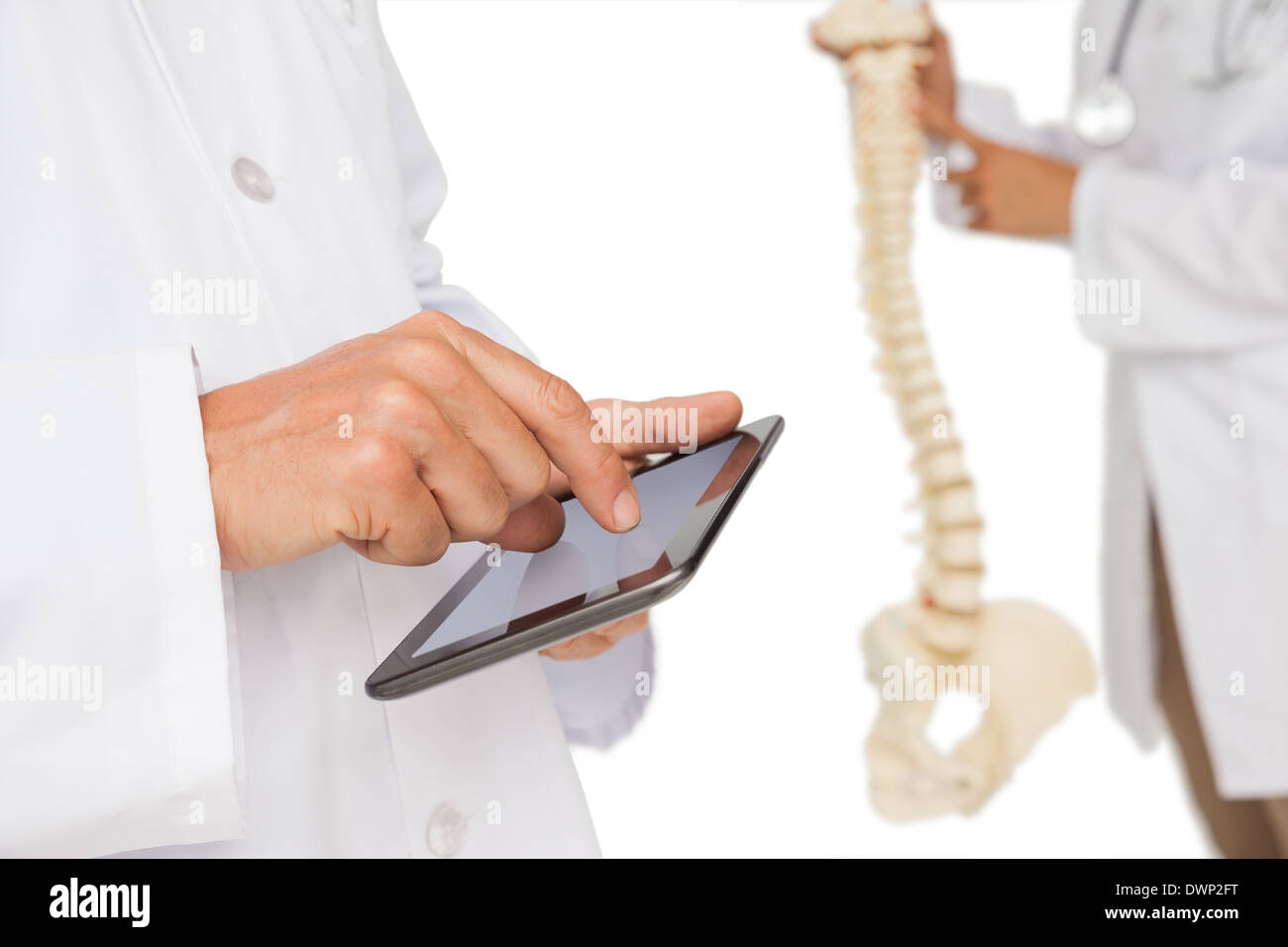 Mid section of doctors with digital table and skeleton model Stock ...