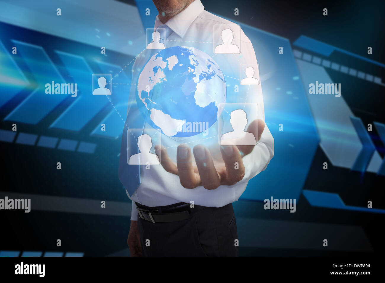 Businessman presenting earth with profile pictures Stock Photo - Alamy