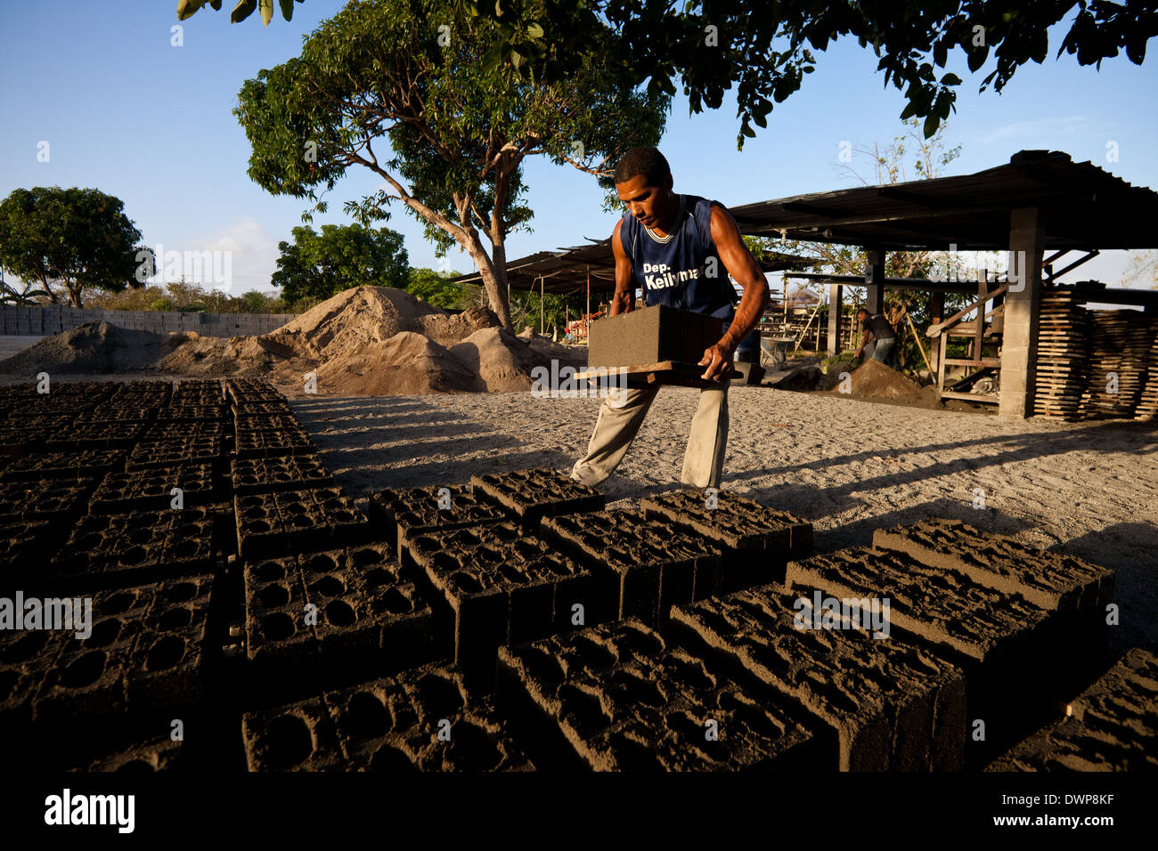 Marco Antonio, 42, carries newly pressed concrete blocks at the plant ...