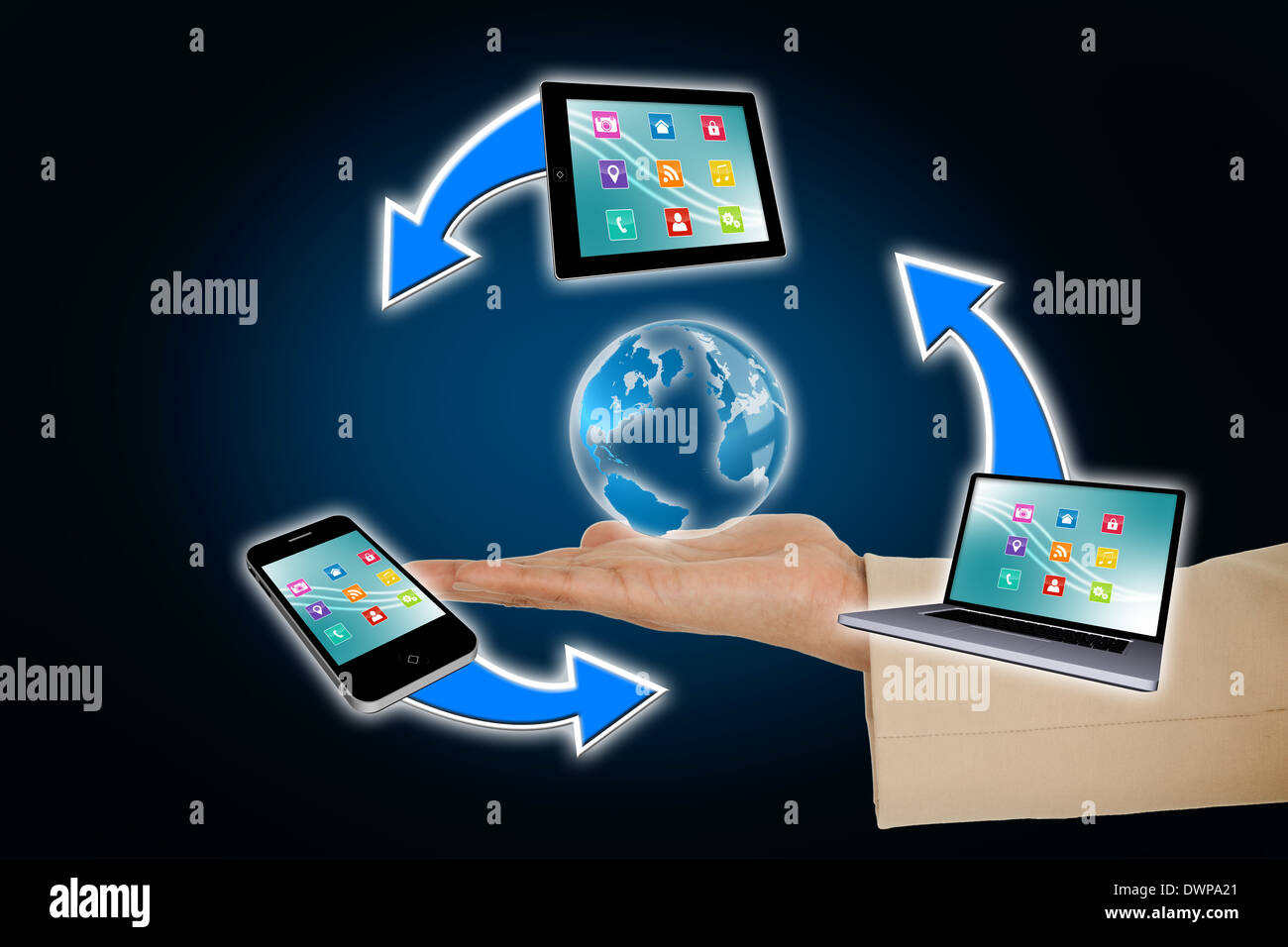 Hand presenting earth with media flowchart Stock Photo - Alamy