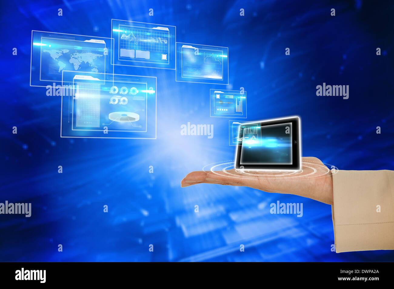 Hand presenting tablet and interfaces Stock Photo - Alamy