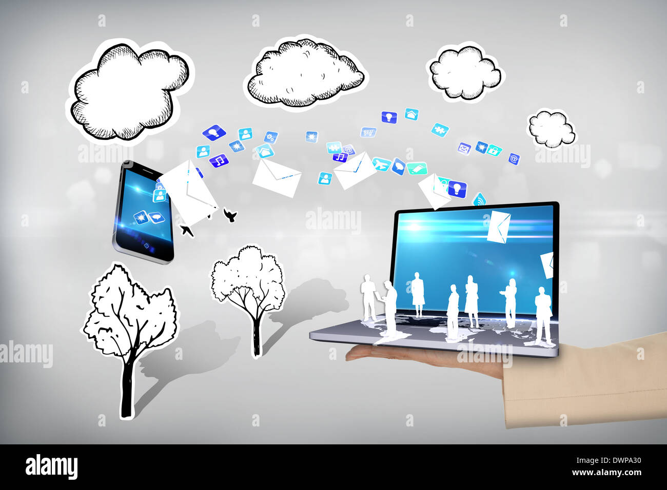 Hand presenting laptop connecting to phone Stock Photo - Alamy