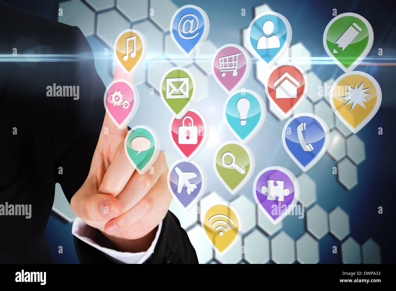 Finger pointing to app icons Stock Photo - Alamy