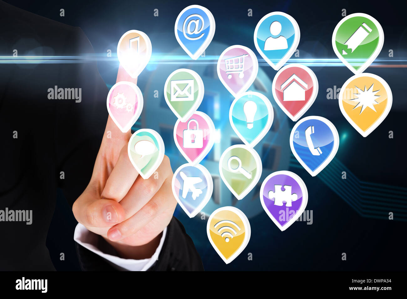 Finger pointing to app icons Stock Photo - Alamy