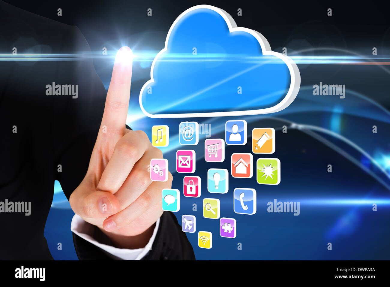 Finger pointing to cloud with app icons Stock Photo - Alamy