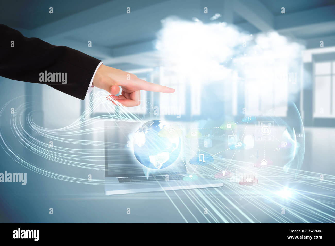 Finger pointing to app icons with laptop Stock Photo - Alamy