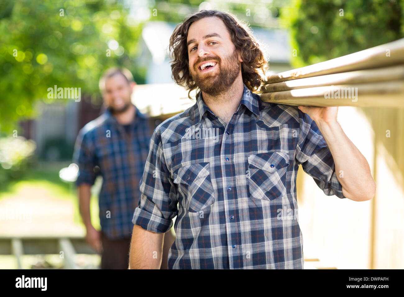 Carpenter With Coworker Carrying Planks While Laughing Stock Photo - Alamy