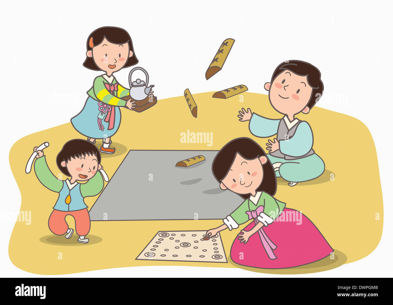 illustration of people with traditional clothes playing Korean ...