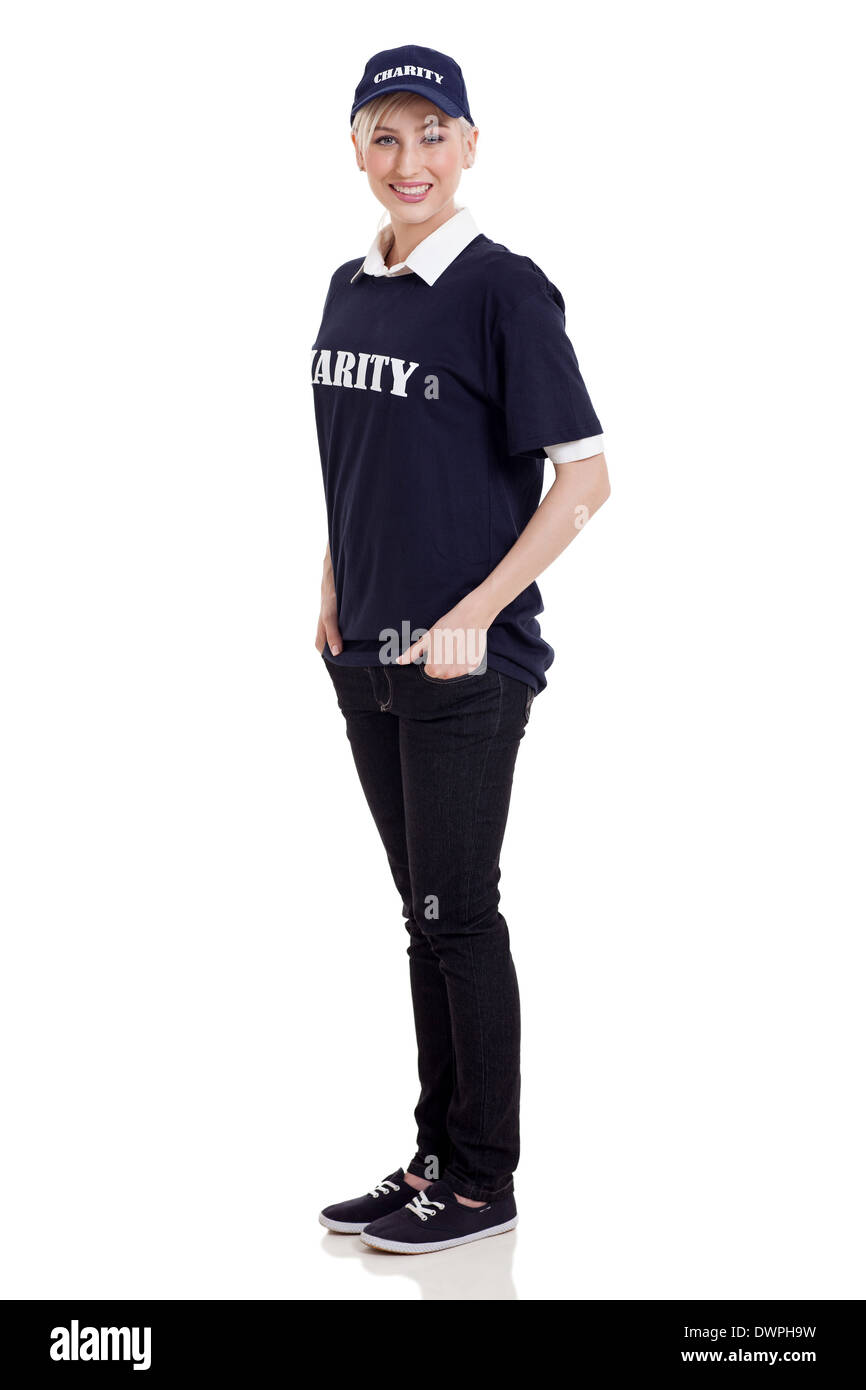 female charity worker portrait on white background Stock Photo - Alamy