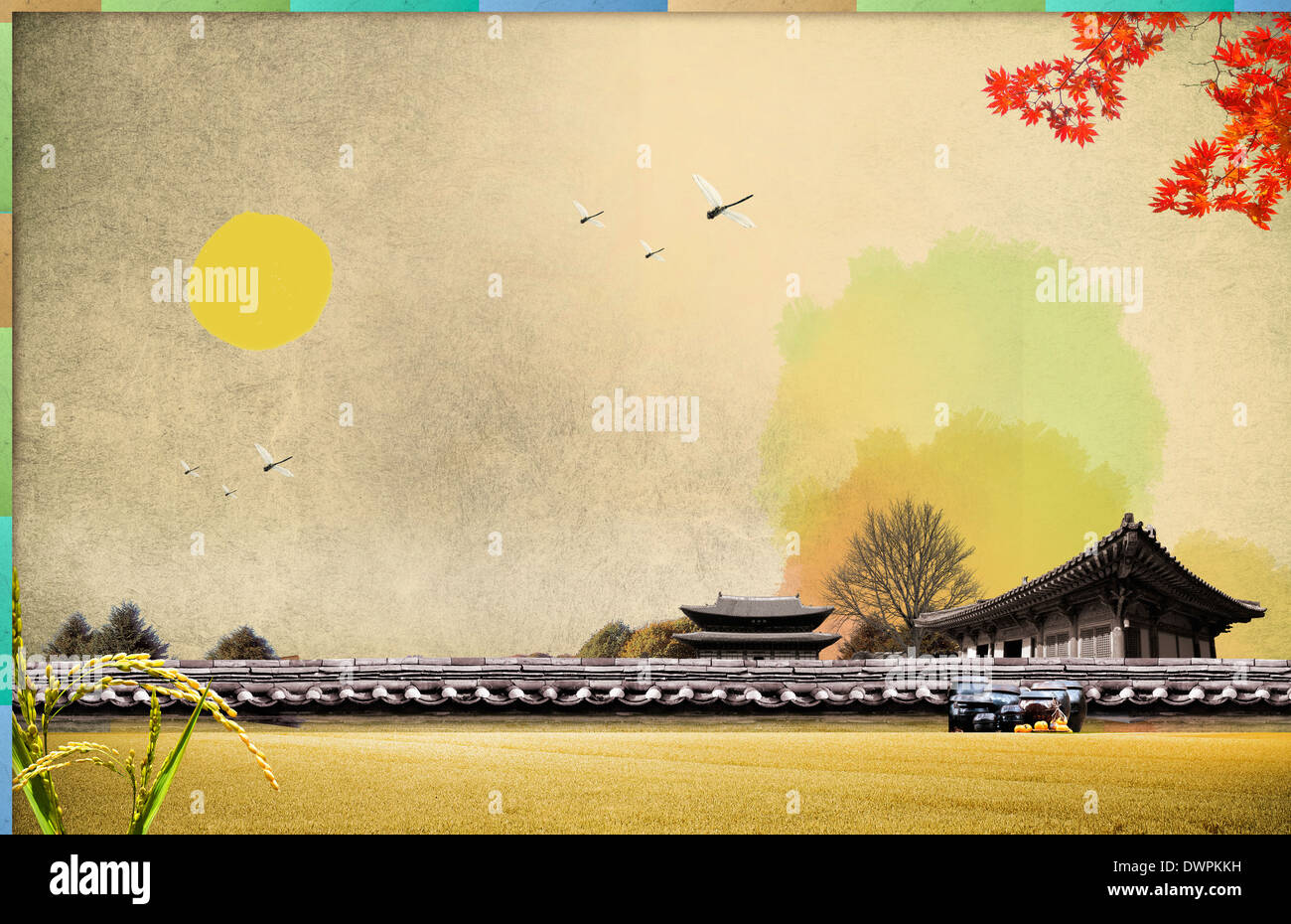 illustration scenery of traditional Korean buildings Stock Photo - Alamy