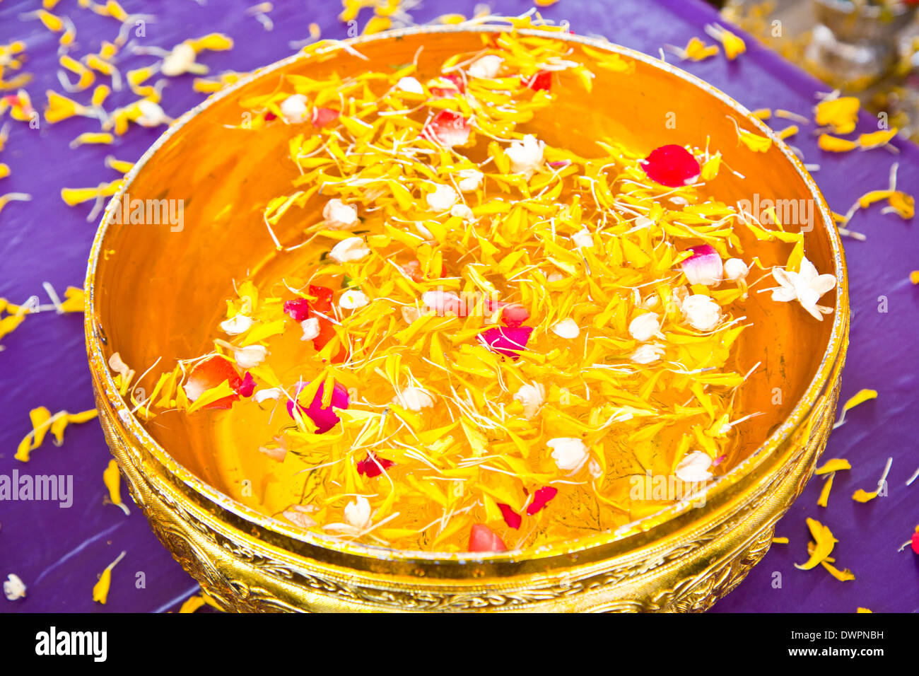 Water in bowl mixed with perfume and flowers for Songkran festival ...