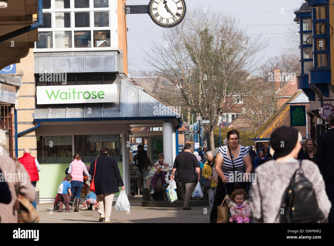 Busy crowded shopping area around a town centre Waitrose store Stock ...