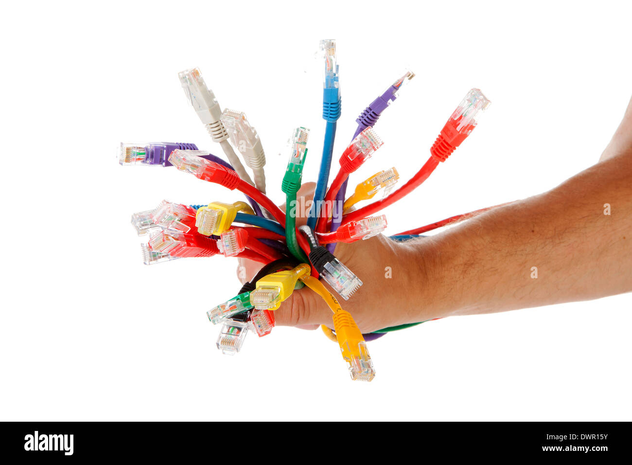 hand is holding bunch of cables over white background Stock Photo - Alamy