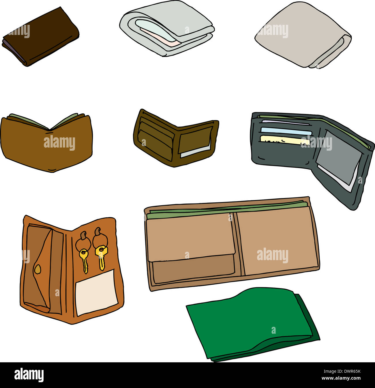 Group of isolated wallets with cash, keys and cards Stock Photo - Alamy