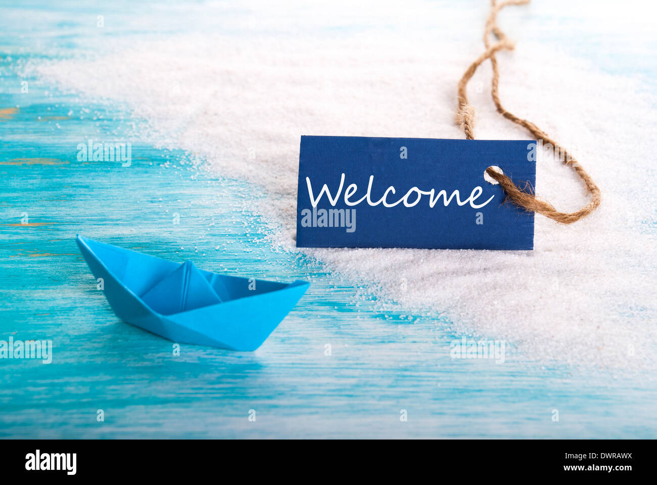 Welcome Label on the Beach with a Boat, nautical Background Stock Photo ...