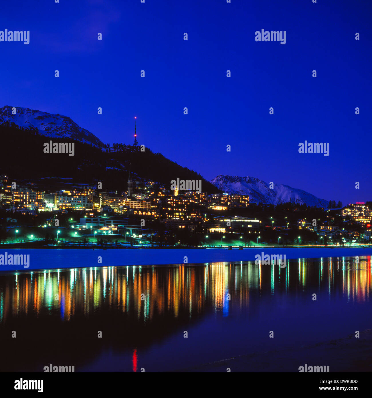View of St. Moritz at night, townscape, panorama, St. Moritz, Lake ...