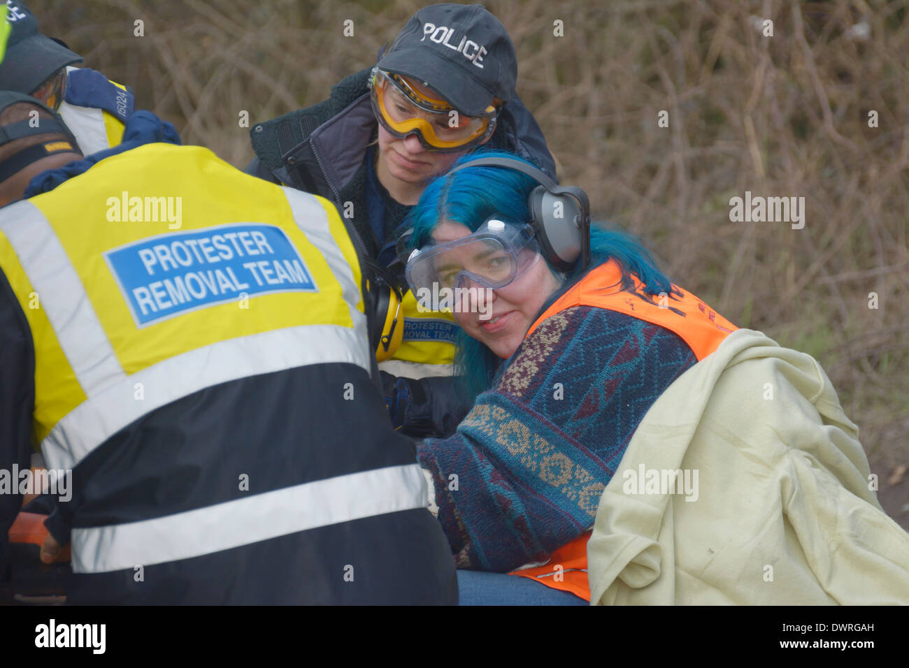 Anti-fracking protesters at Barton Moss block the access road to the ...
