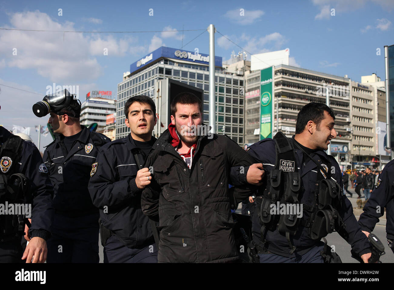 Ankara, Turkey. 12th Mar, 2014. Turkish riot police arrest a protestor ...