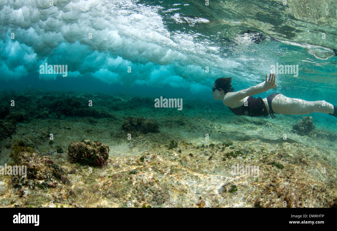 Female Body Surfing under waves in the Maldives Stock Photo - Alamy