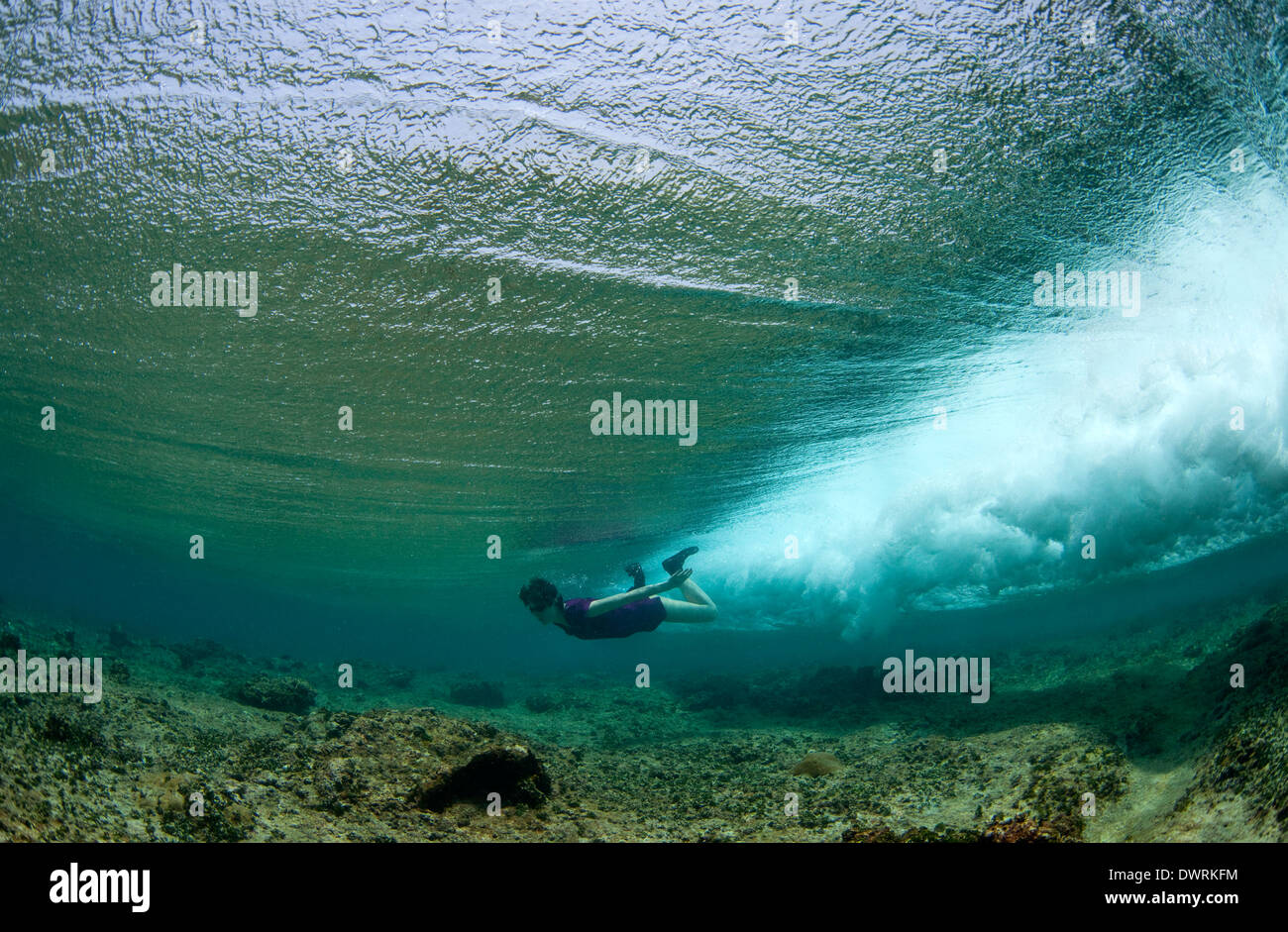 Female swimming through a breaking wave Stock Photo - Alamy
