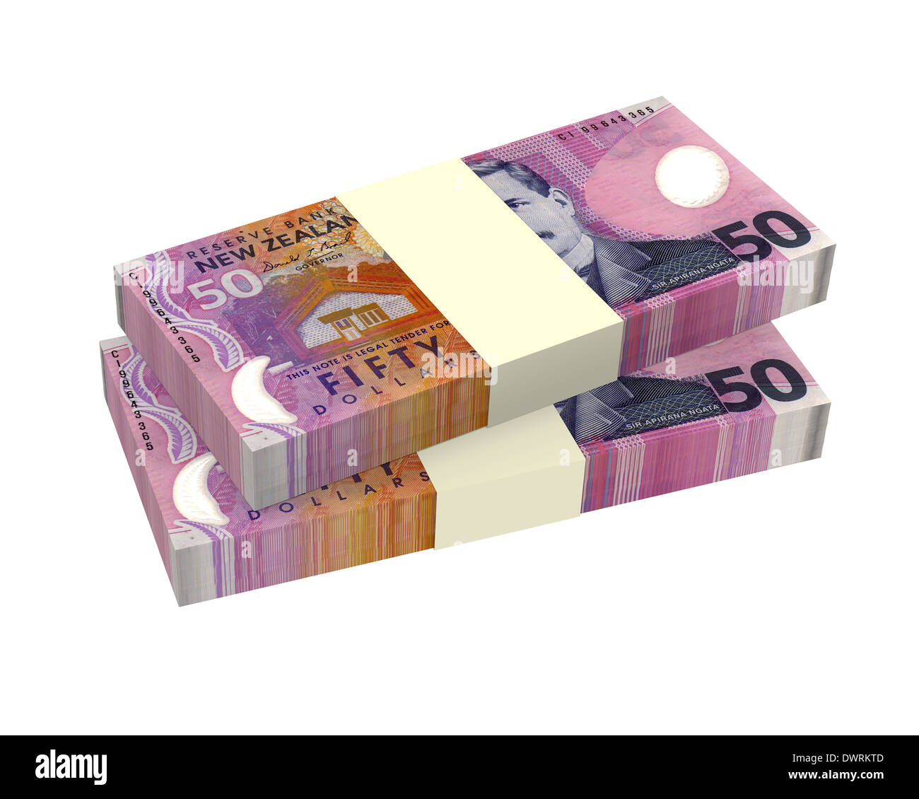 New Zealand currency isolated on white background. Computer generated ...