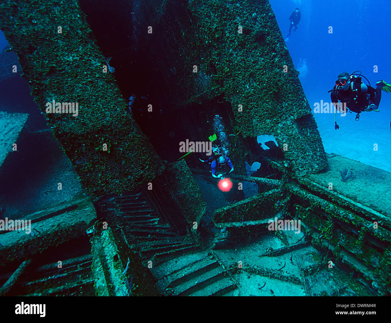 Divers explore the Odyssey Shipwreck in Roatan, Honduras. The 300 foot ...