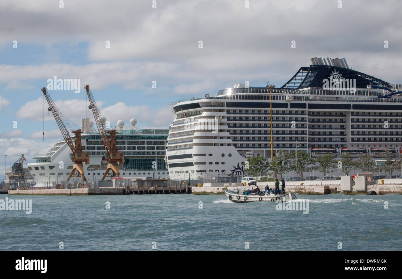 Huge cruise ships prepare for boarding in Venice's cruise terminal ...
