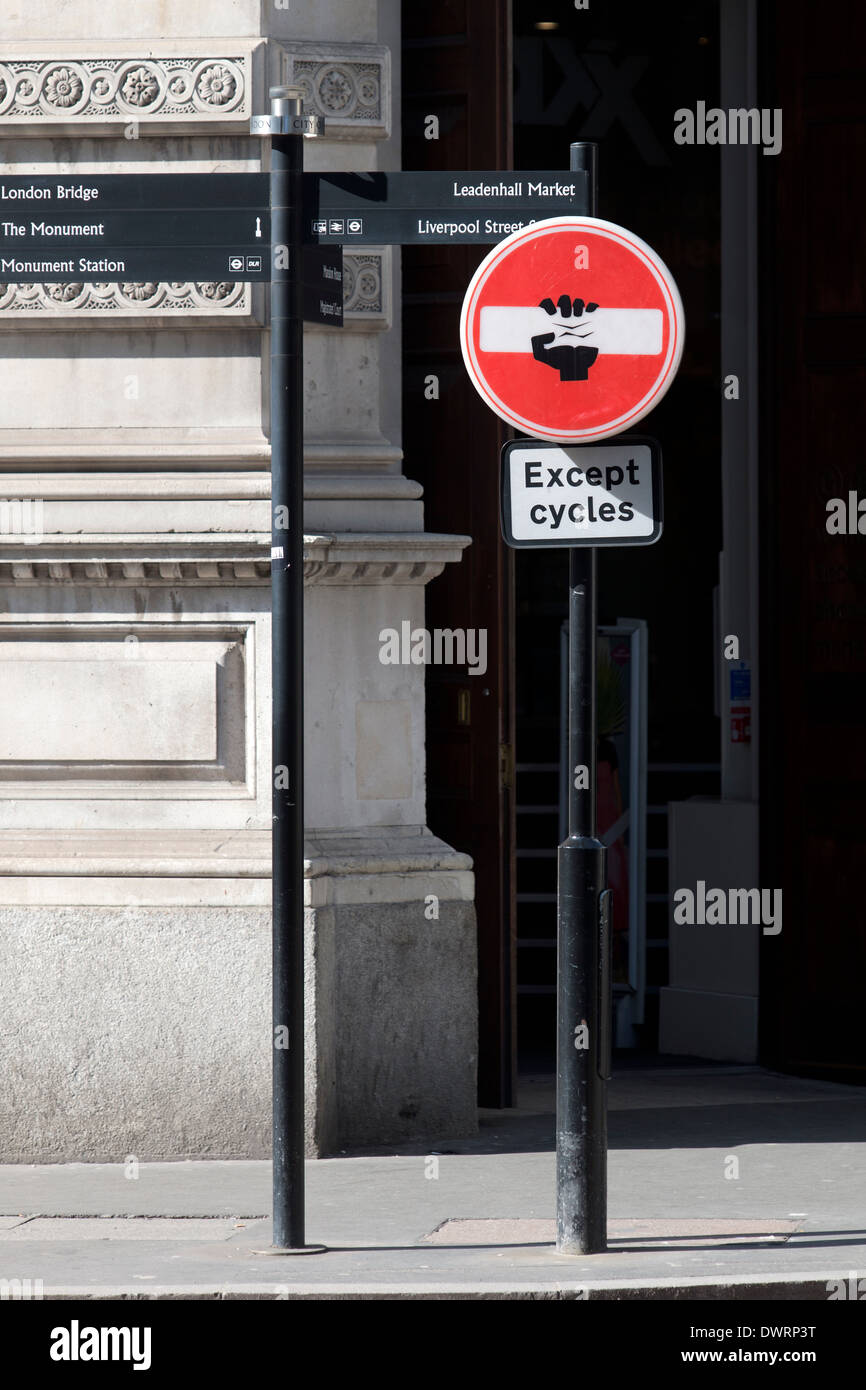 Graffiti on a No Entry street sign, Gracechurch Street, London, England ...