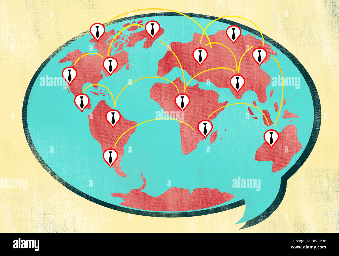 Illustration of ties on world map in chat bubble representing business ...