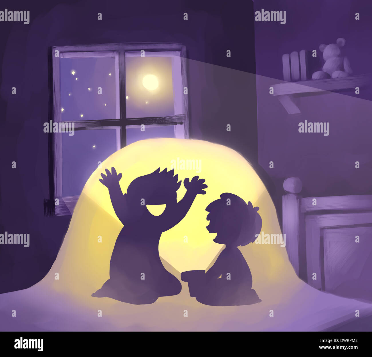 Illustrative image of boy scaring friend at night out representing ...