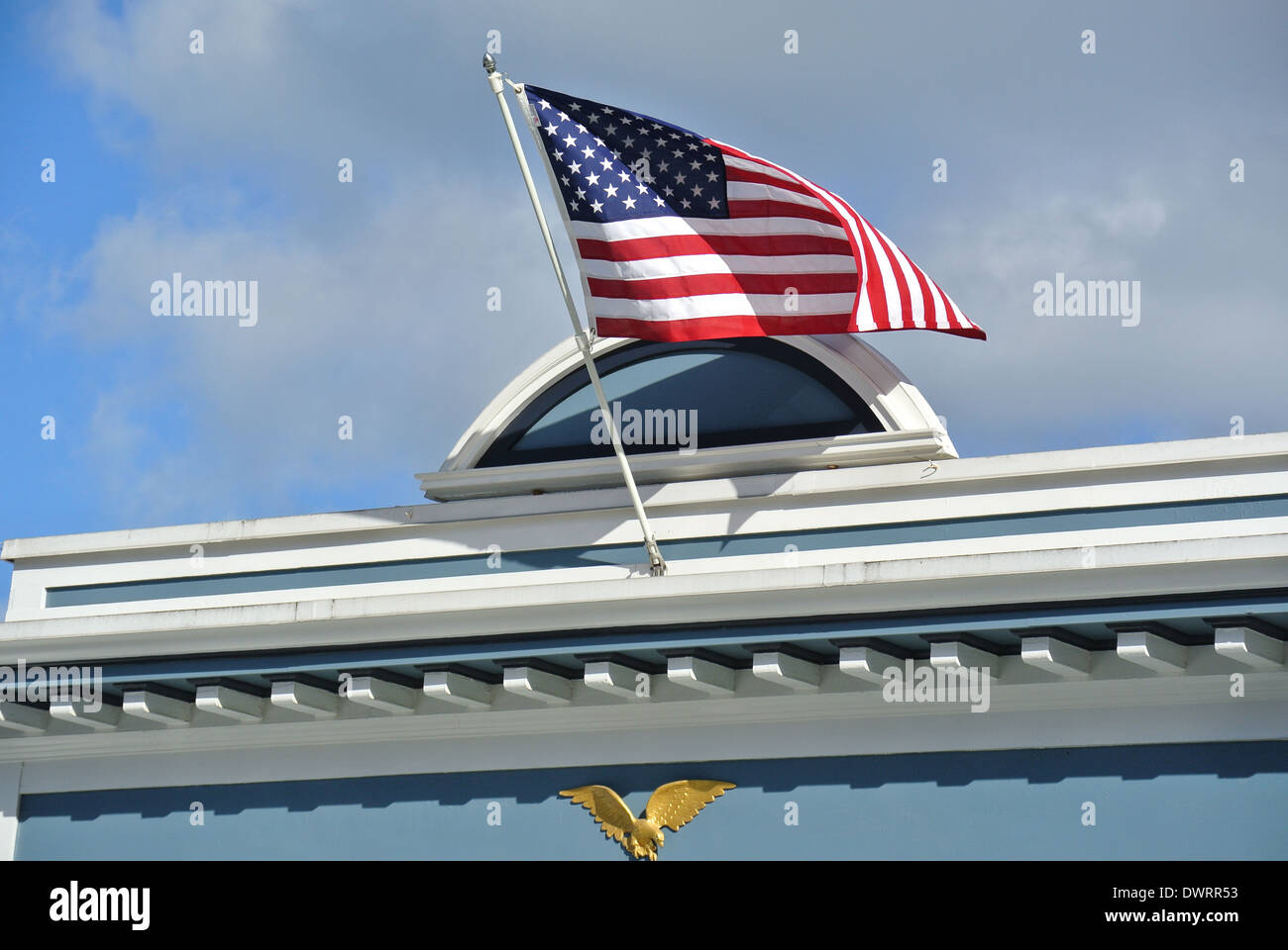 view of American flag on roof of Scoma's restaurant in Sausalito ...
