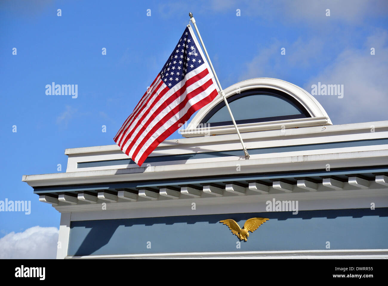 American flag flies over Scoma's restaurant facade in Sausalito Stock ...