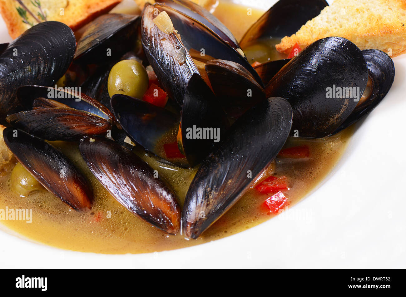 Mussels Tuscan with crispy ciabatta cloce up Stock Photo - Alamy